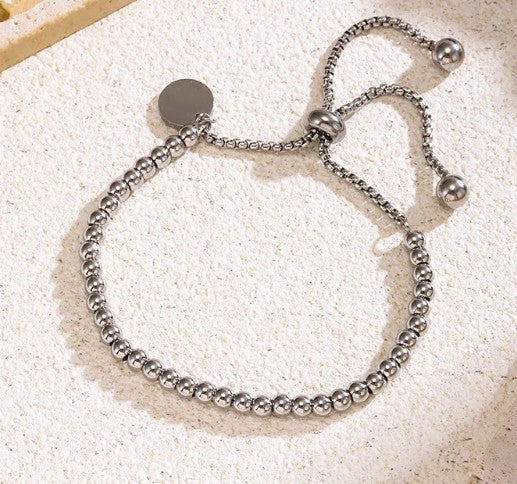 Adjustable Stainless Steel Beaded Bracelet with Round Disc Charm Minim ...
